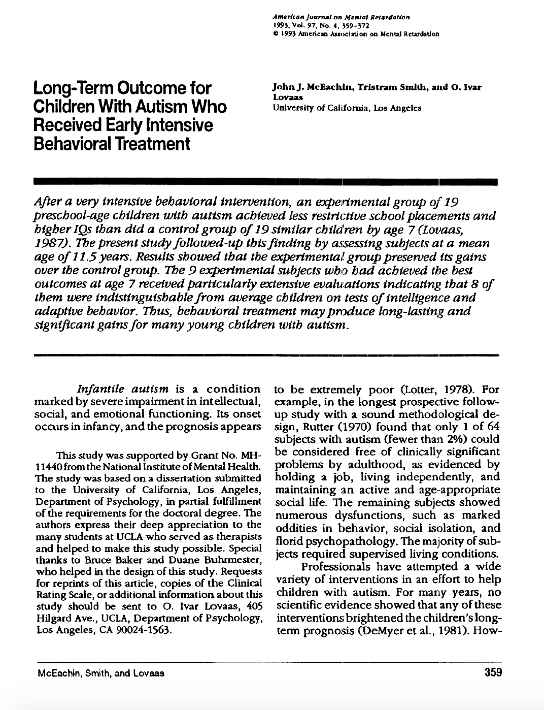 Long Term Outcome for Children with Autism Who Received Early Intensive ... Long Term Outcome for Children with Autism Who Received Early Intensive ...